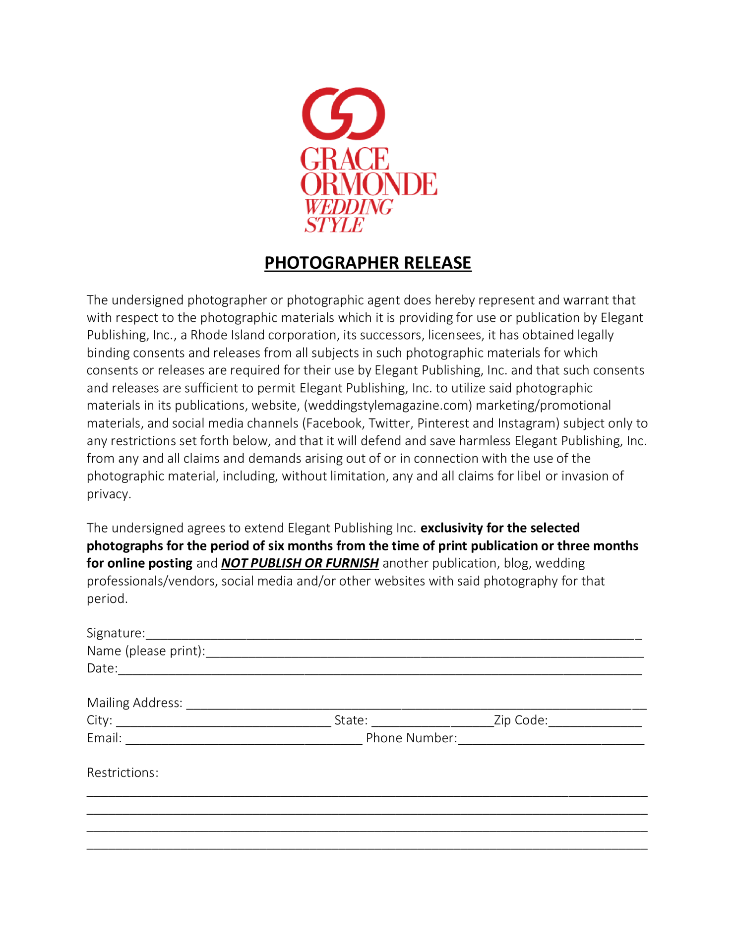 Photographer Release - Wedding Style Magazine